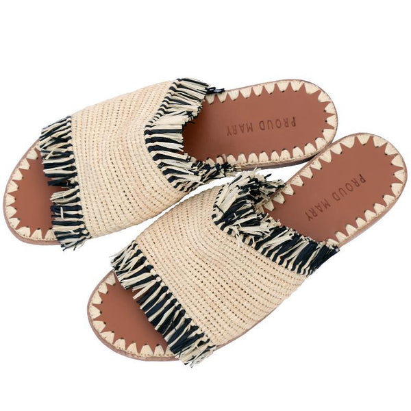 Women's Raffia Fringe Slides - Natural Black Boho Artisan Made Handmade ...